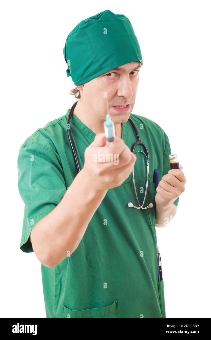 mad doctor with a syringe isolated over white background Stock Photo ...