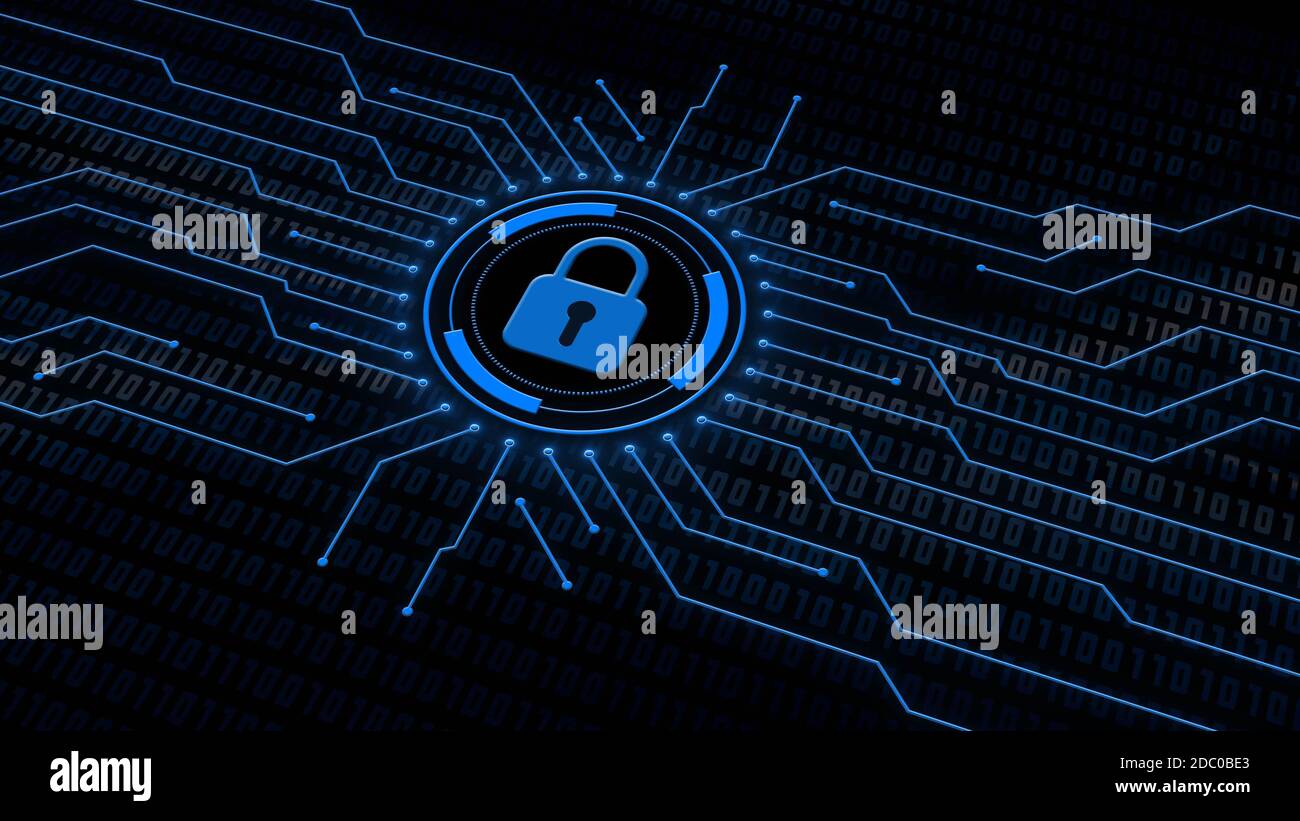 Digital security concept - closed padlock in center of concentric rings ...