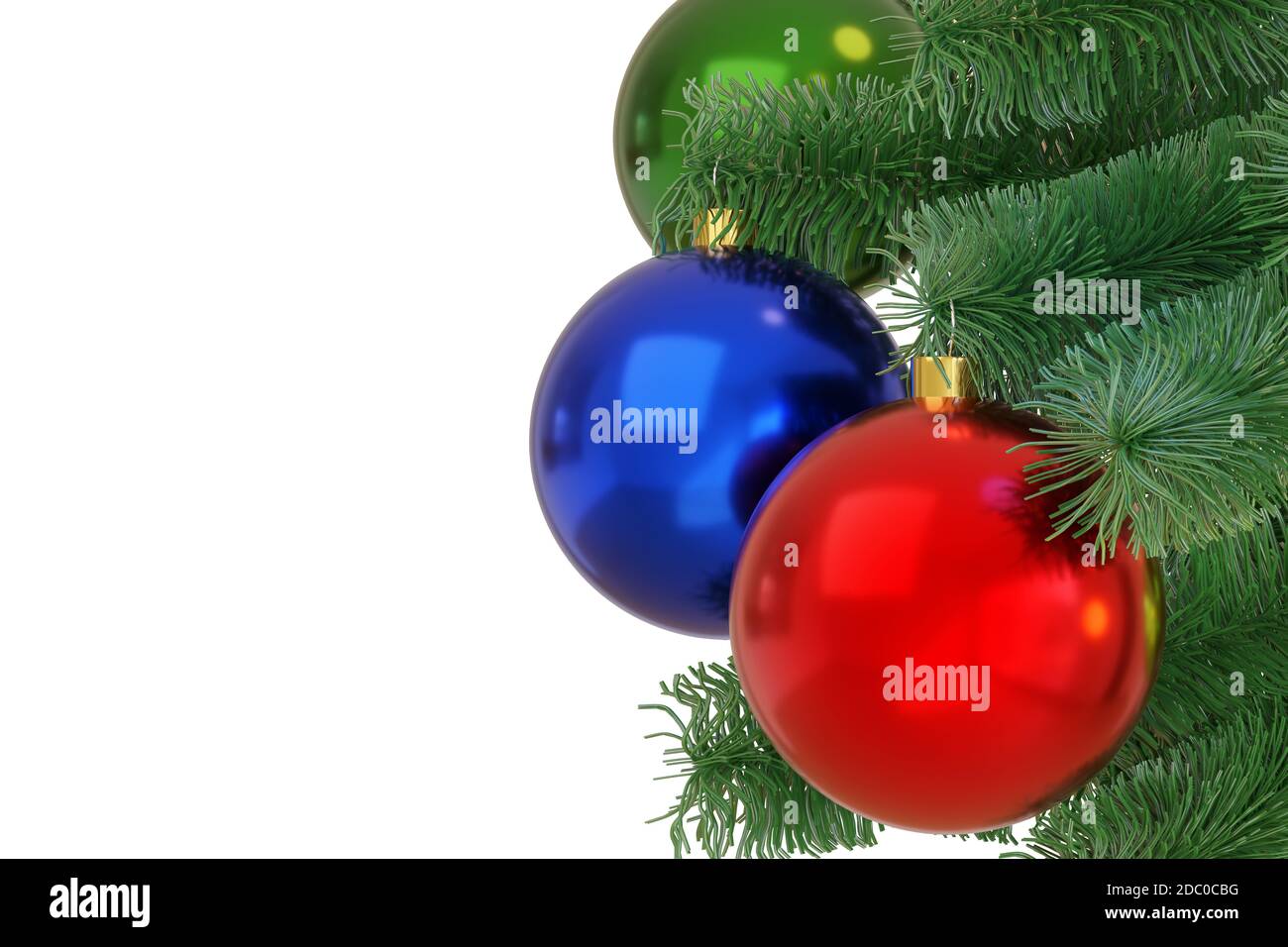 Close up of three red, green and blue christmas balls on christmas tree ...