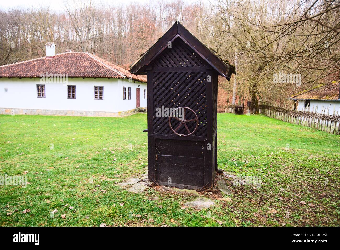 Old wooden traditional water well at the rural farm in Brankovina ...