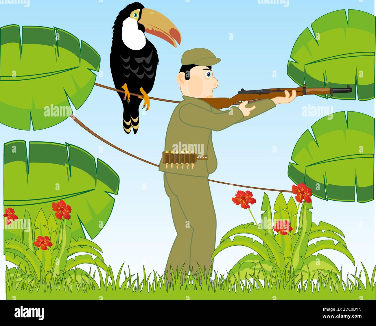 Tropical jungle with wild vegetation and huntsman with weapon Stock ...