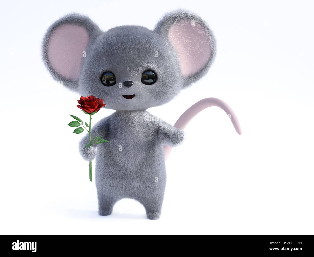 3D rendering of an adorable kawaii furry smiling mouse holding a red ...