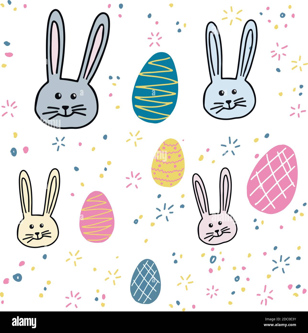 Easter colorful eggs, rabbits, bunny on white background. Template for ...