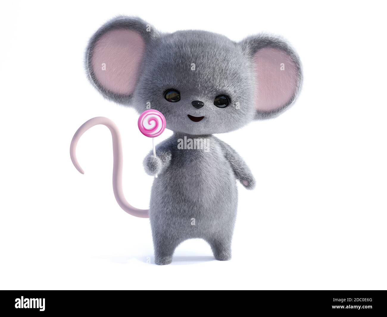 3D rendering of an adorable kawaii furry smiling mouse holding a pink ...