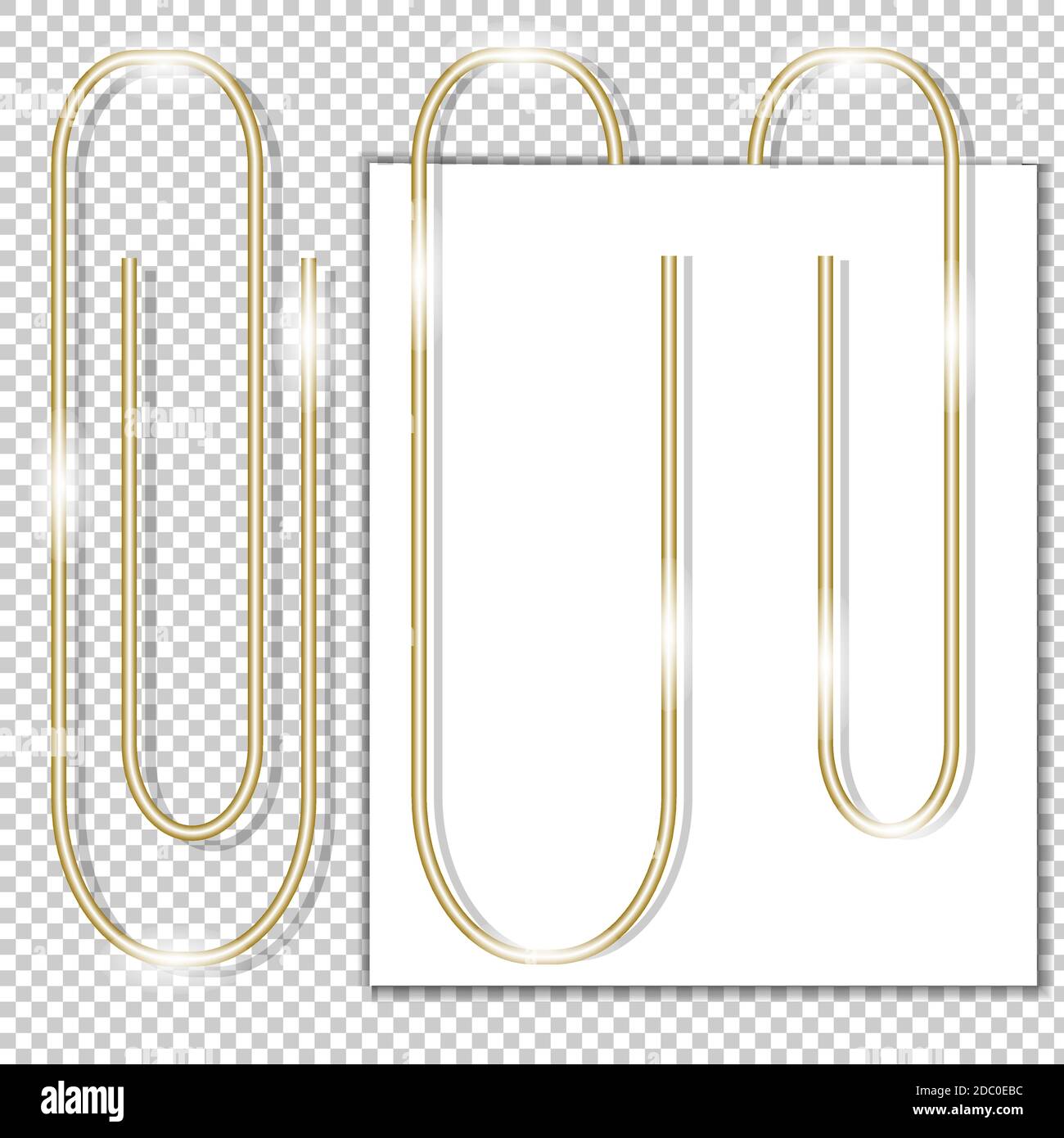 Gold paper clips on a transparent background and on a sheet. Vector ...