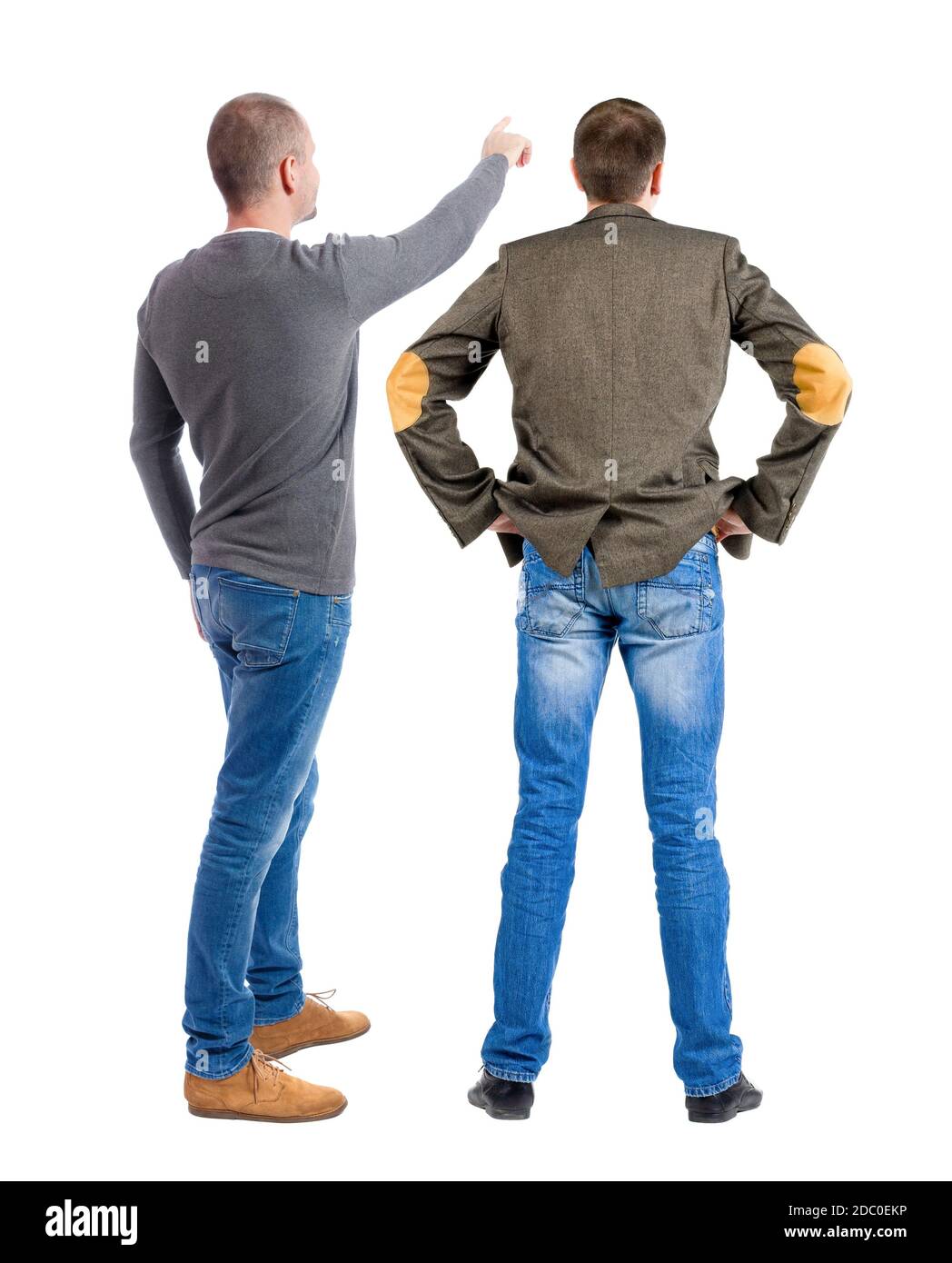 Back view of two man in sweater pointing. Rear view people collection ...