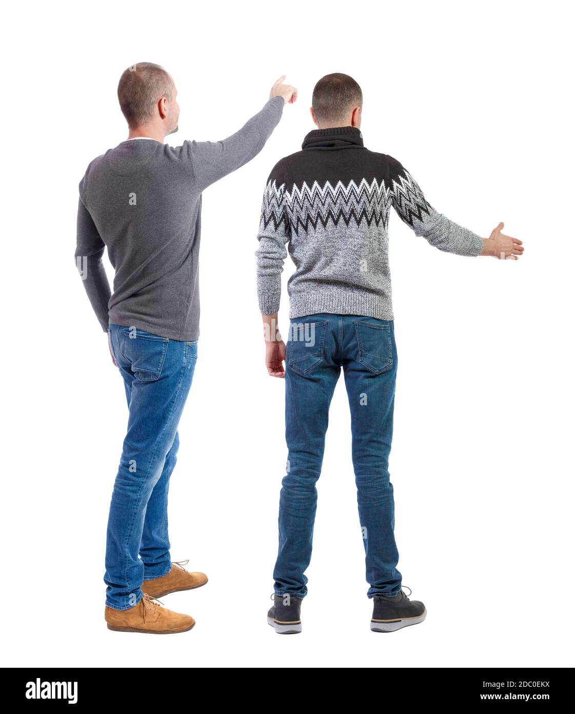 Back view of two man in sweater pointing. Rear view people collection ...