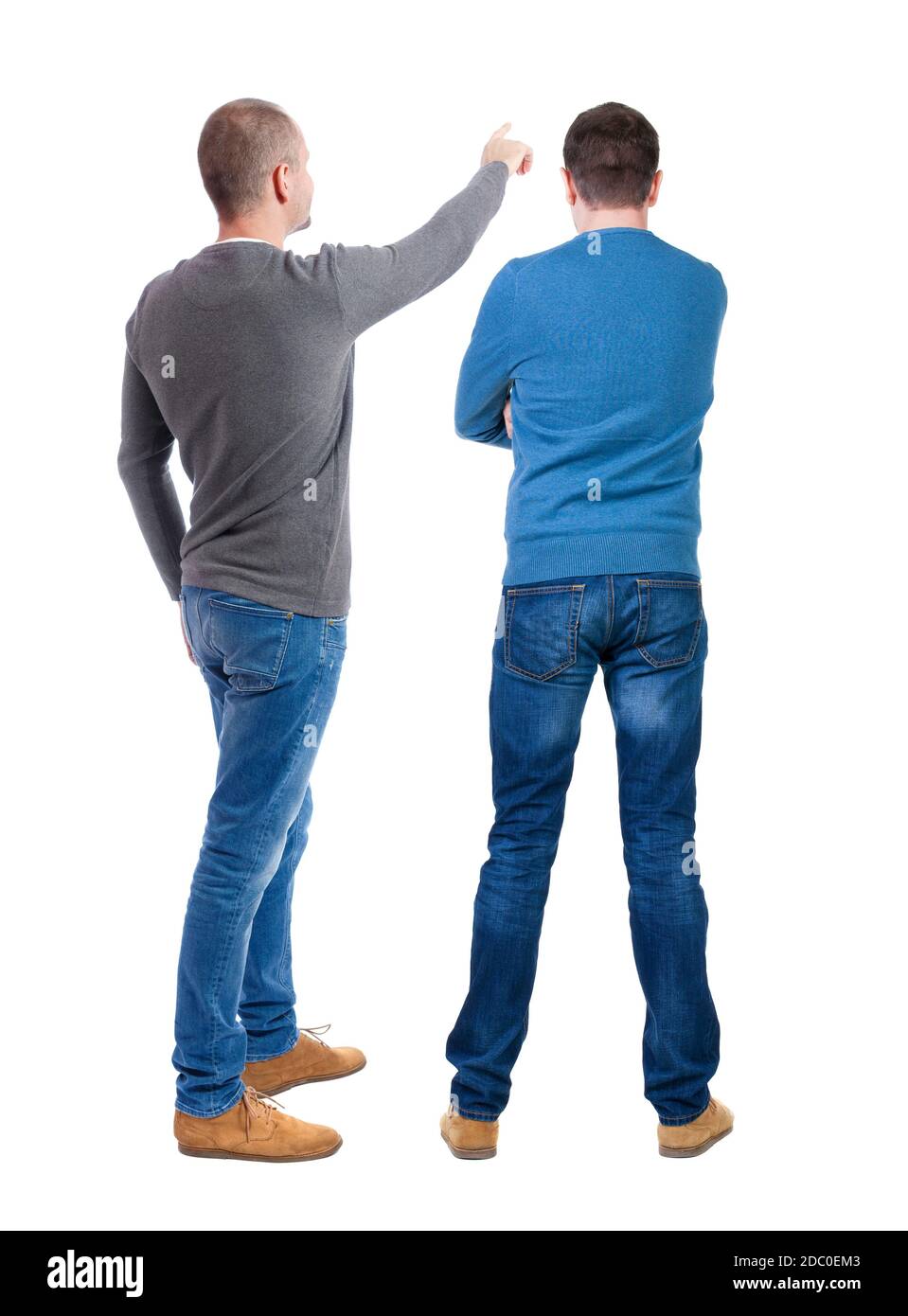 Back view of two man in sweater pointing. Rear view people collection ...