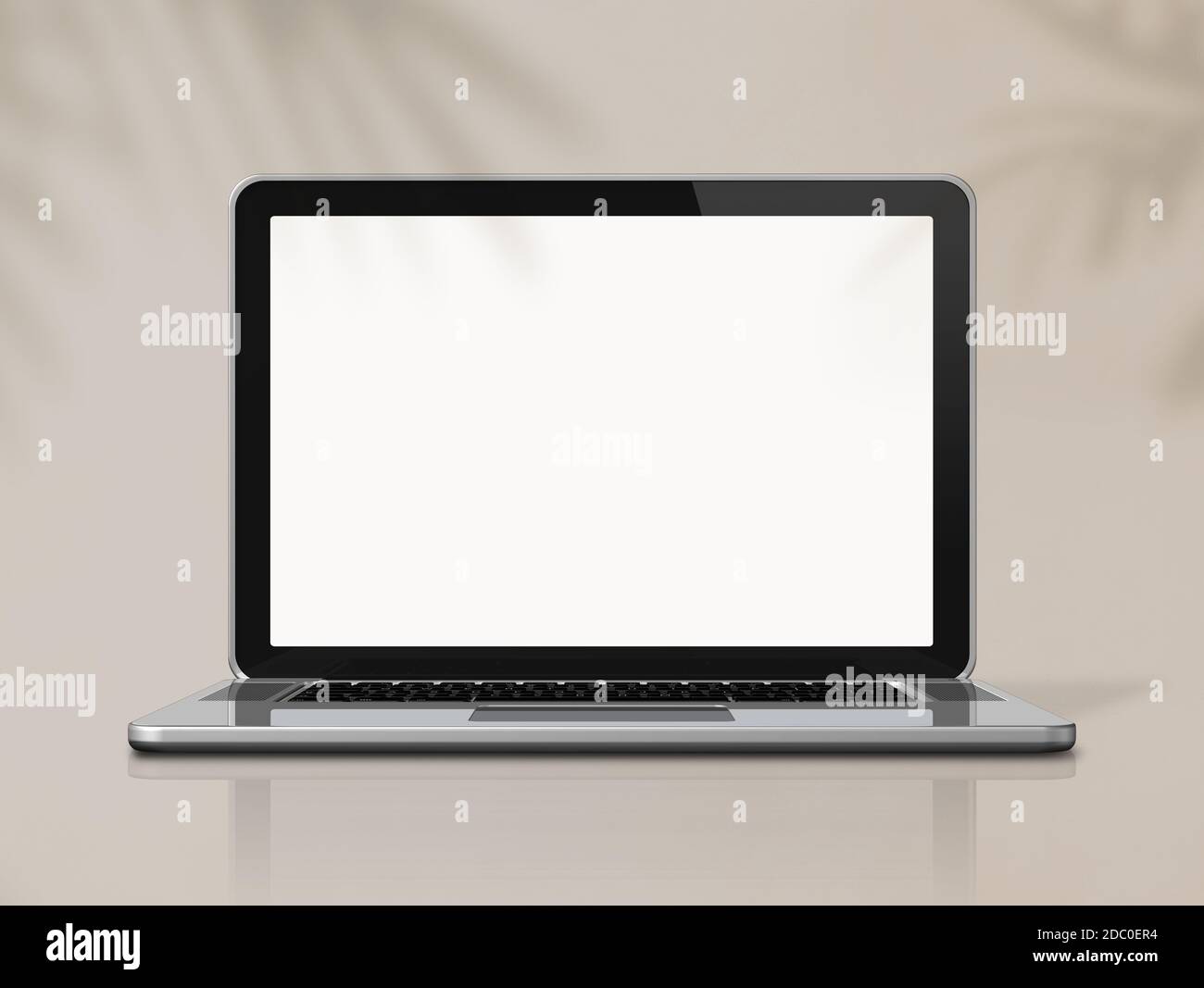 3D blank laptop computer isolated on office desk. Exotic palm leaf ...