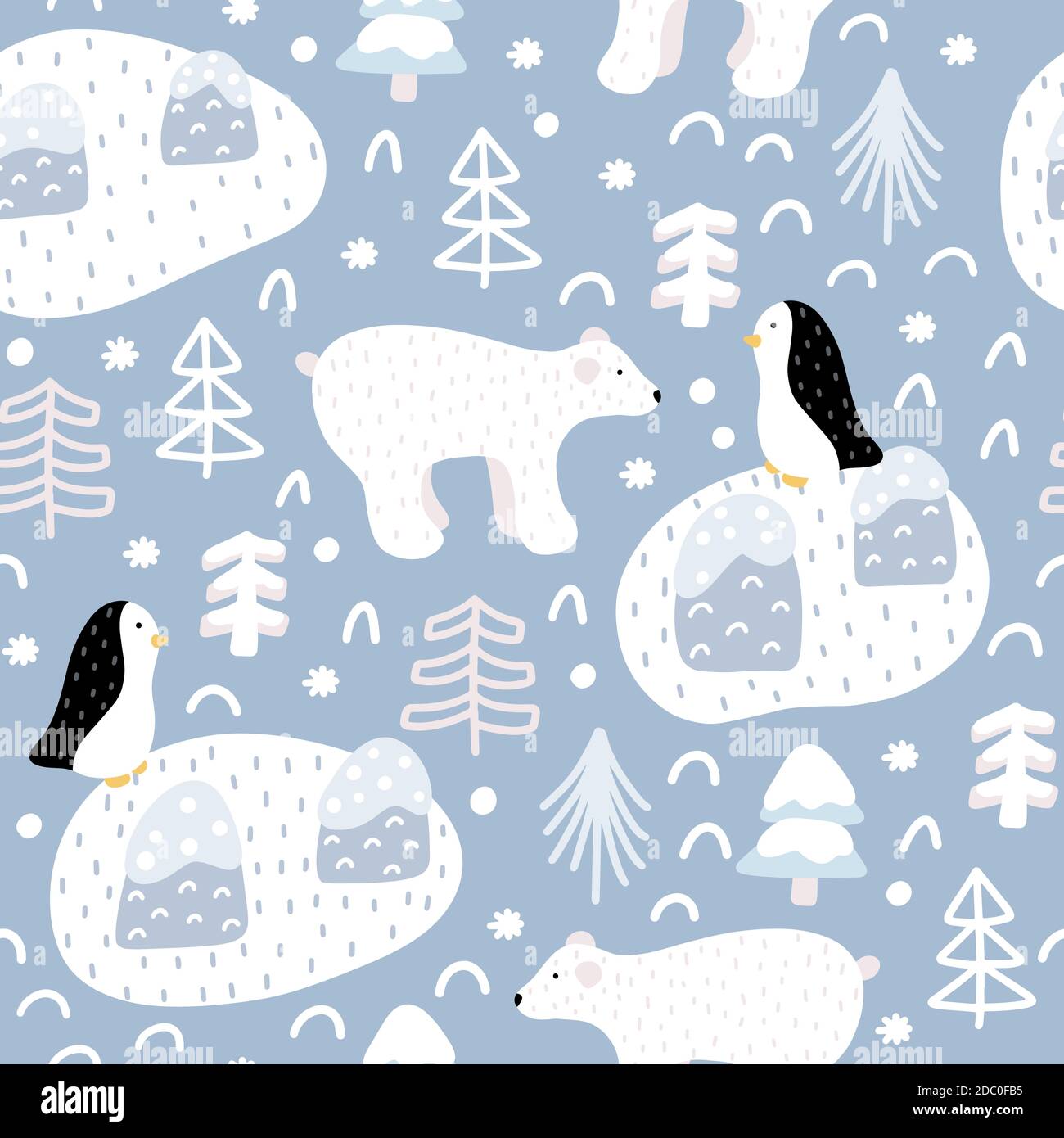 Cute winter seamless pattern with polar bear, Christmas tree, penguin ...