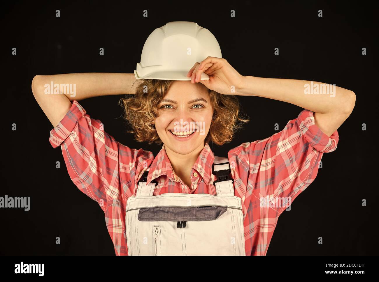 planning home renovation. girl at construction site. Warehouse woman ...