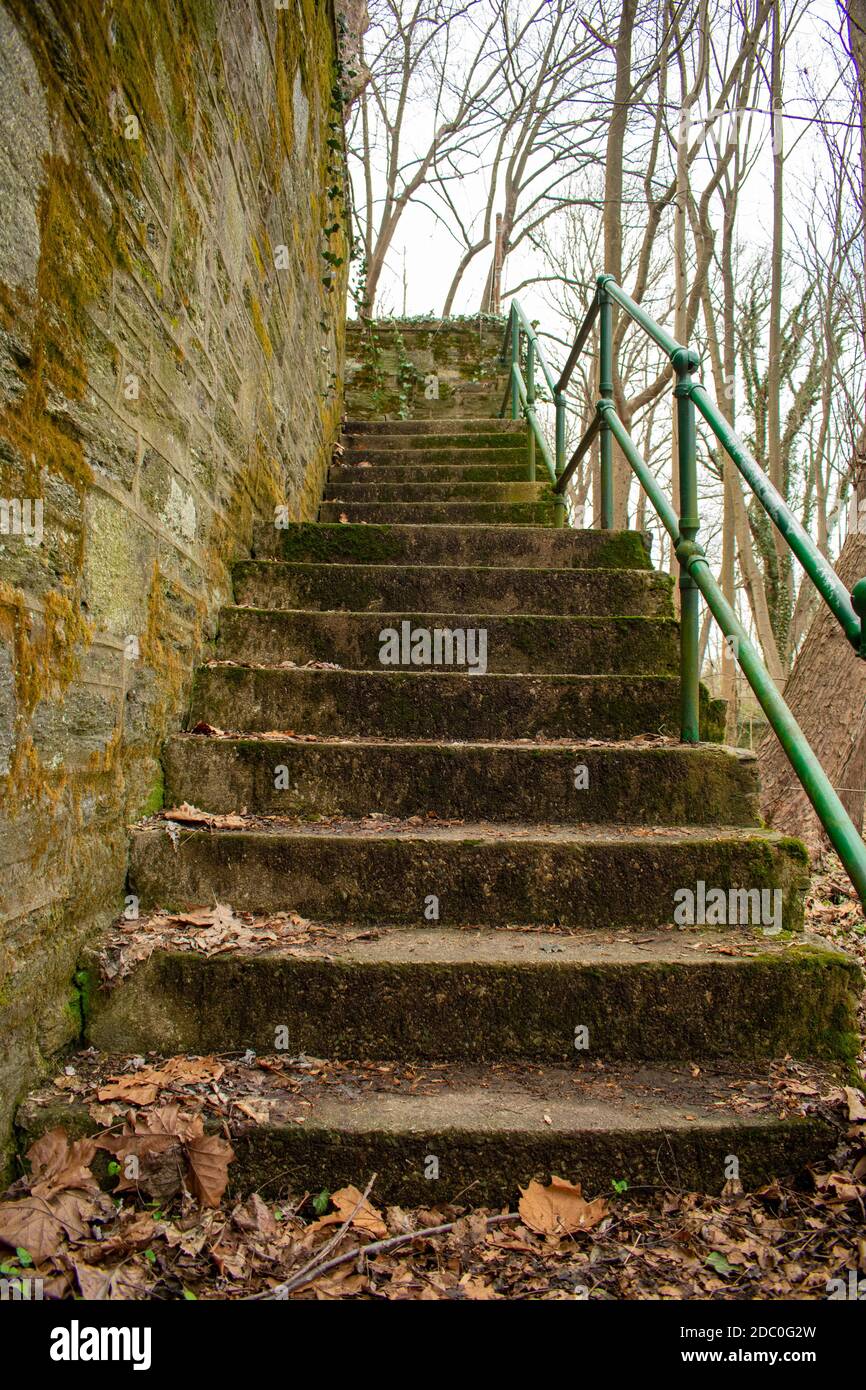 Looking Up an Old Set of Cobblestone Stairs With a Wall Next to It in a ...