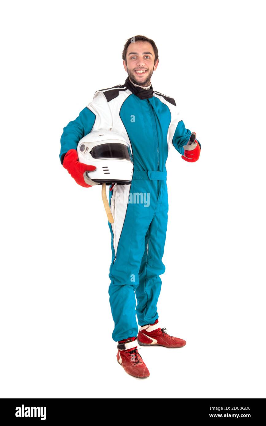 Racing driver posing with helmet isolated in white Stock Photo - Alamy