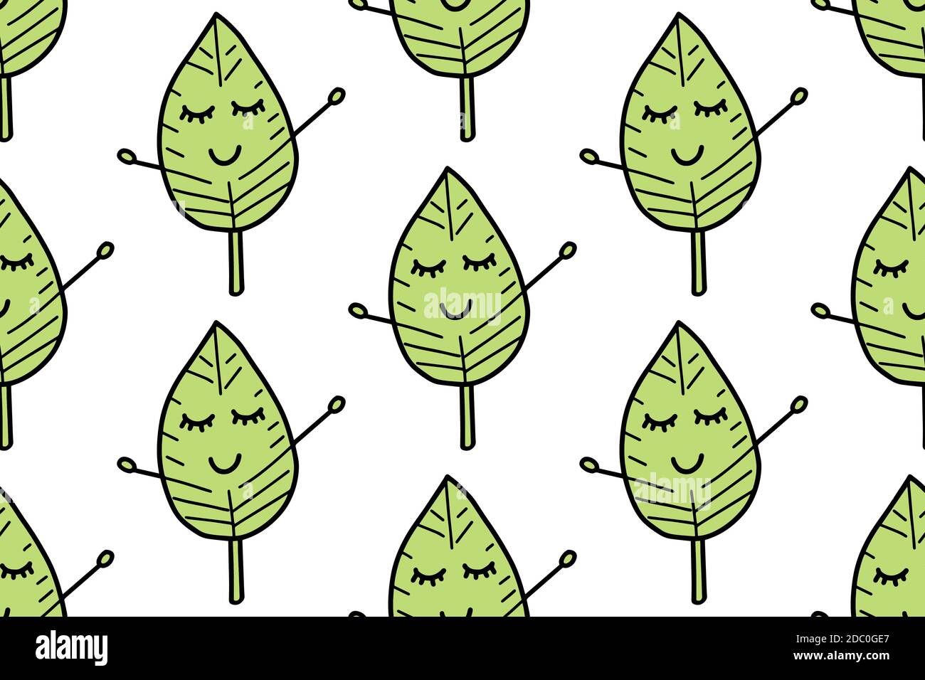 Cute leave seamless pattern. Cartoon green garden leaf, fall leaf and ...