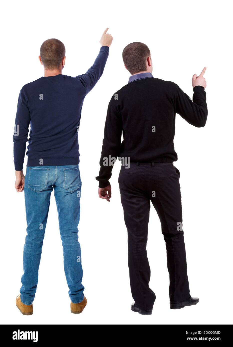Back view of two man in sweater pointing. Rear view people collection ...