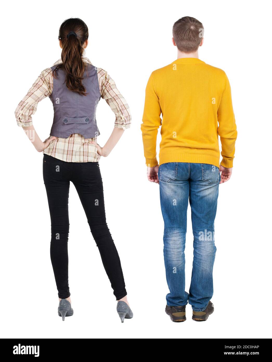 Back view couple in sweater. beautiful man and woman. Rear view people ...