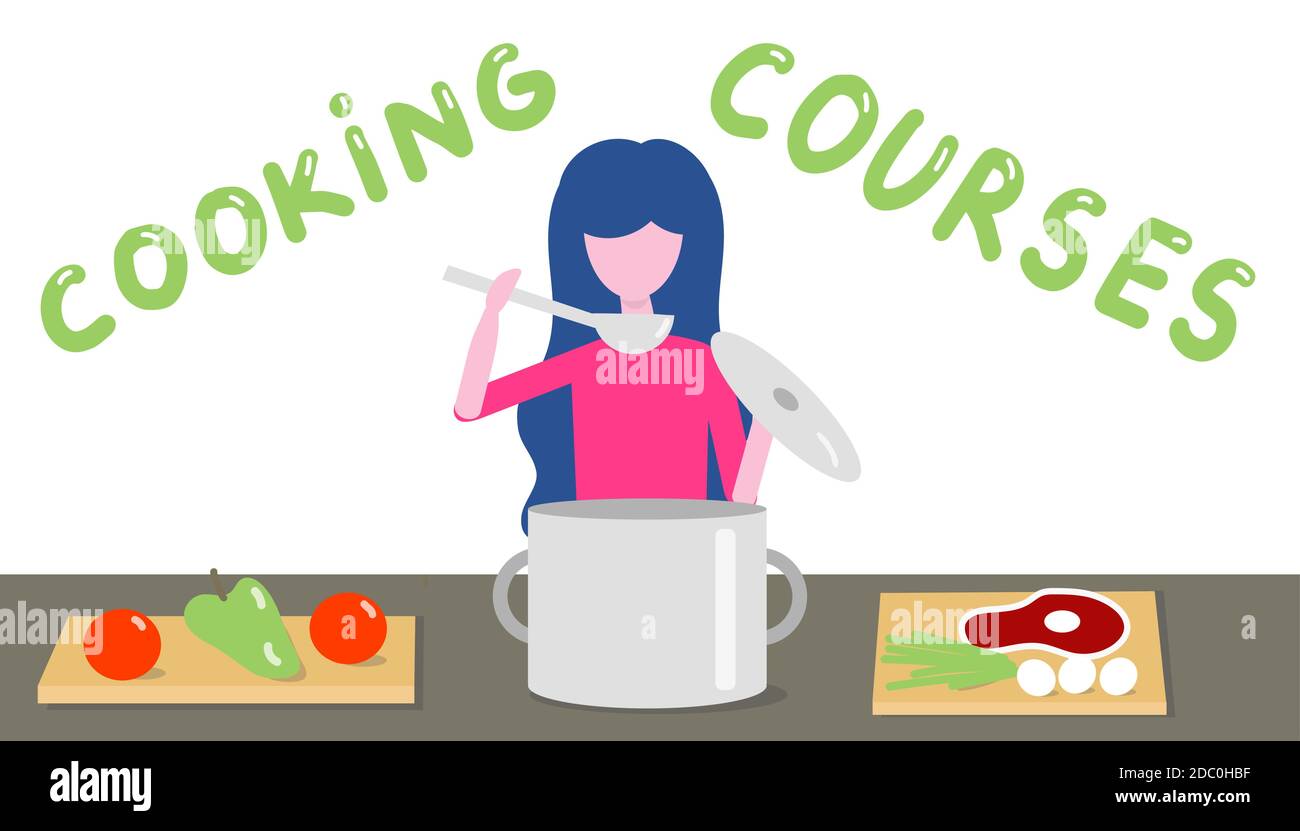 Cooking courses. Woman cooking in the kitchen. Vector illustration in ...