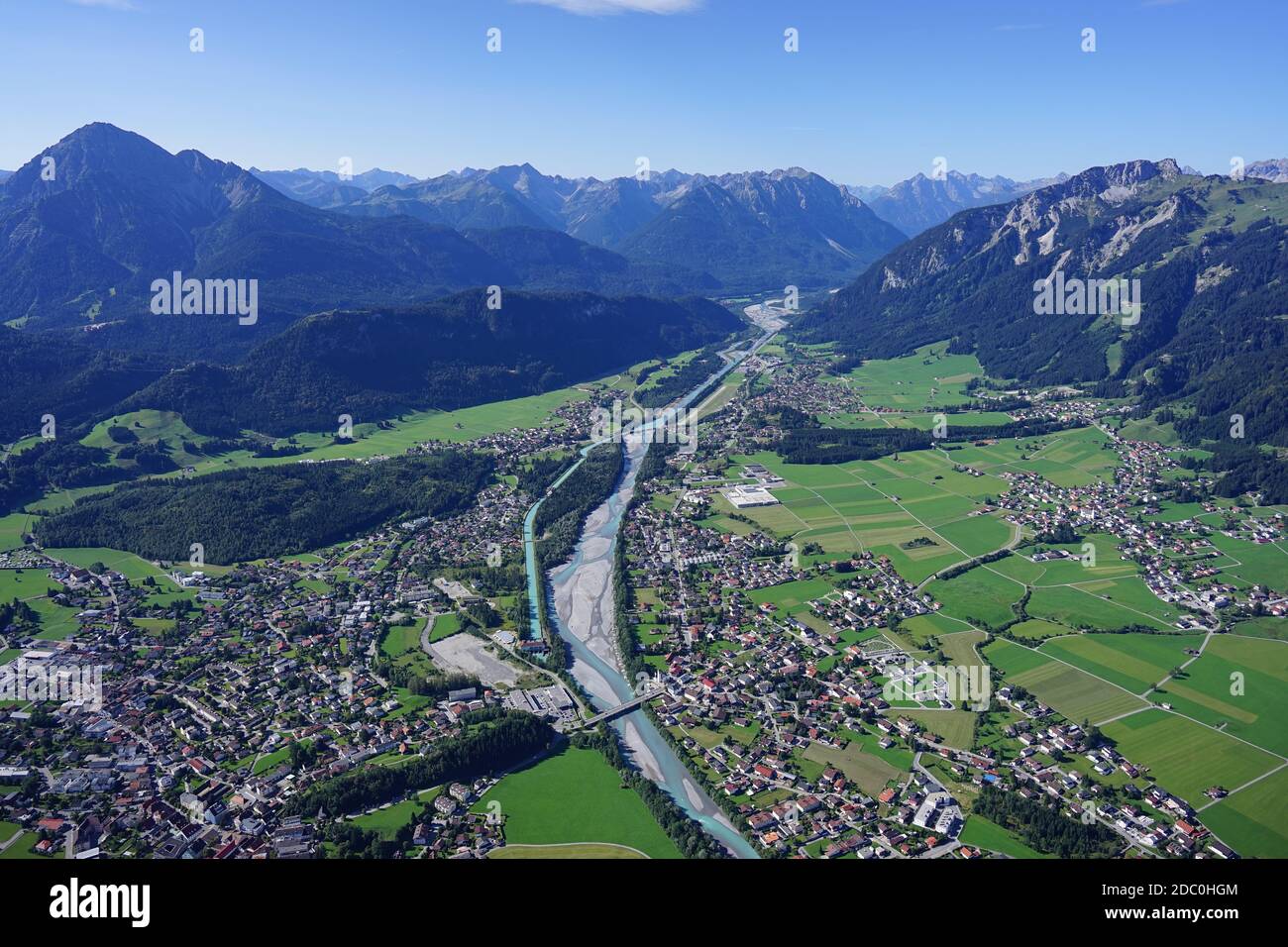 Aerial view of valleys and mountains near Reutte in Tyrol / Austria ...