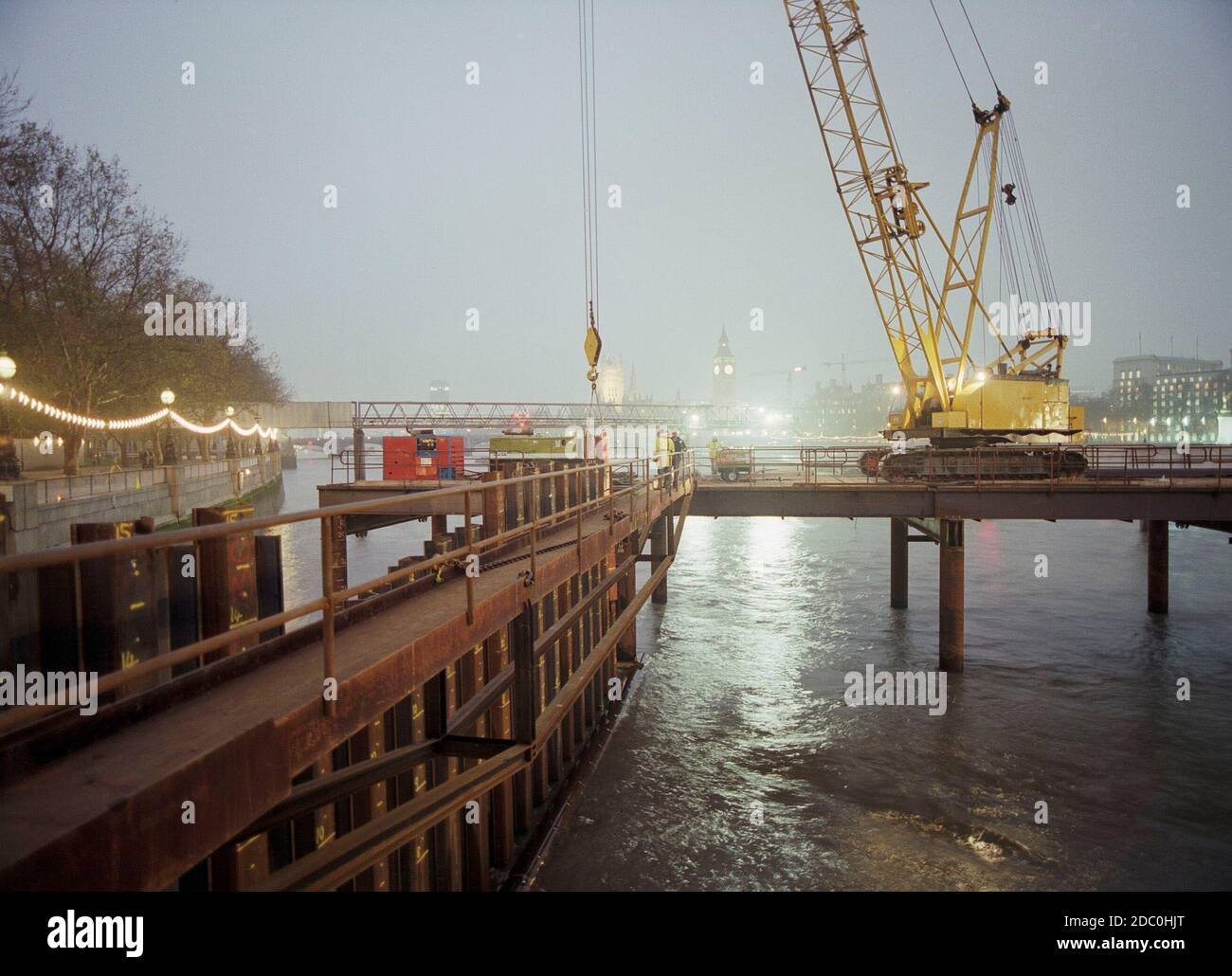 1996, construction works on the river Thames at Hungerford Bridge ...