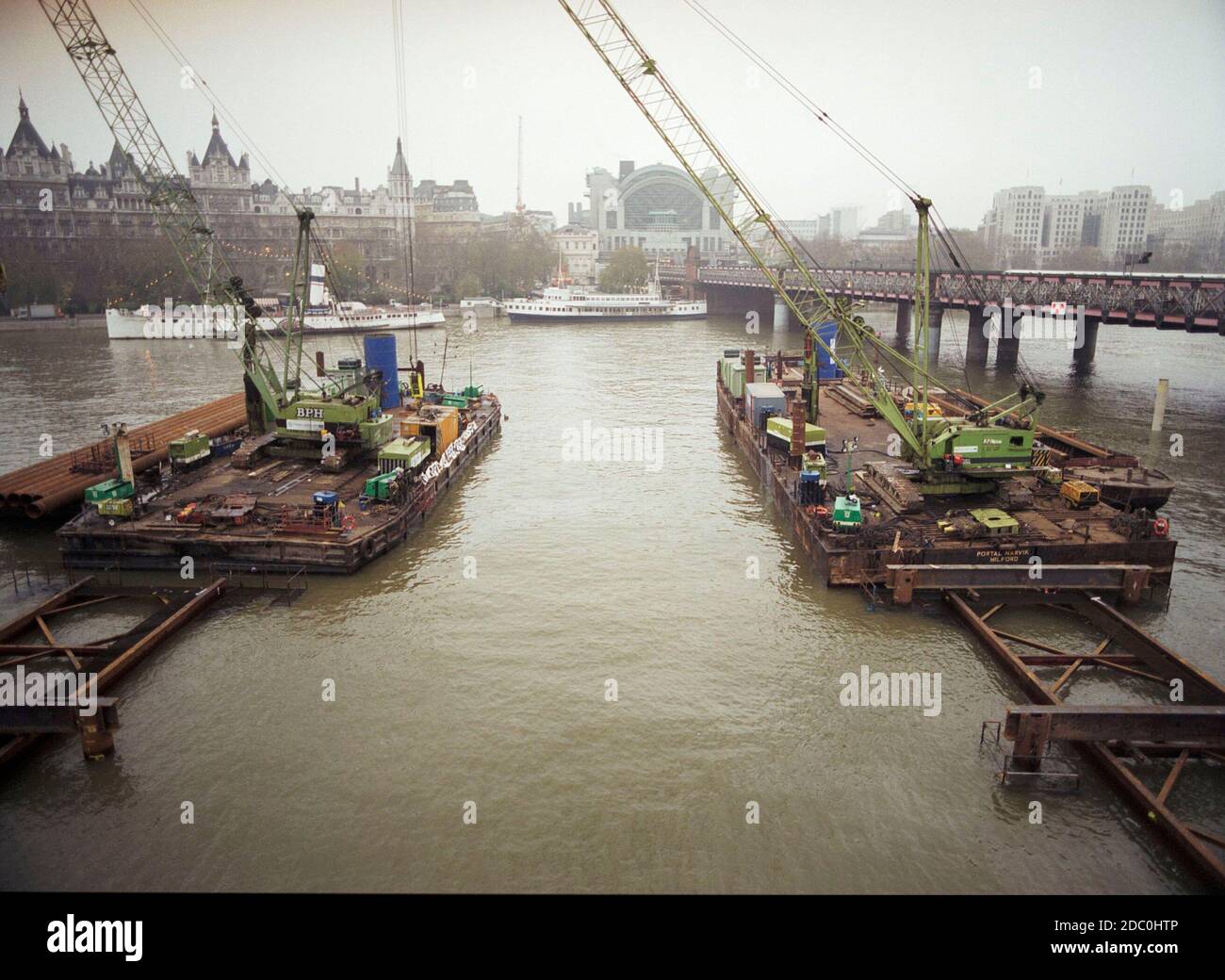 1996, construction works on the river Thames at Hungerford Bridge ...