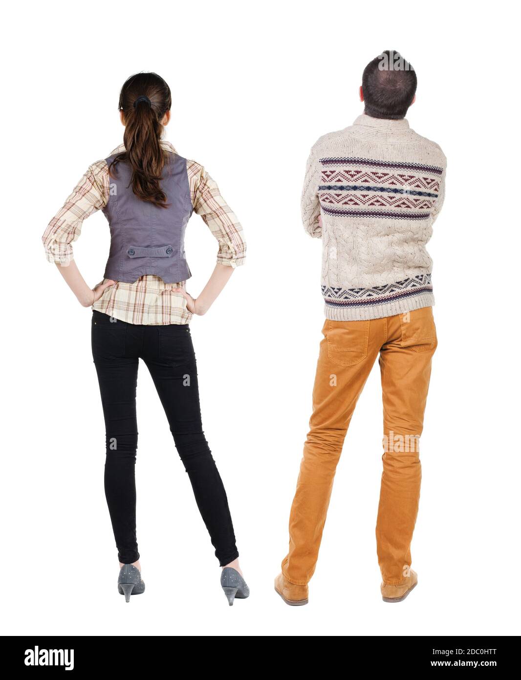 Back view couple in sweater. beautiful man and woman. Rear view people ...