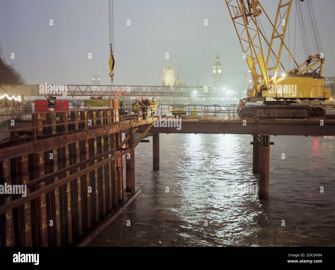 1996, construction works on the river Thames at Hungerford Bridge ...