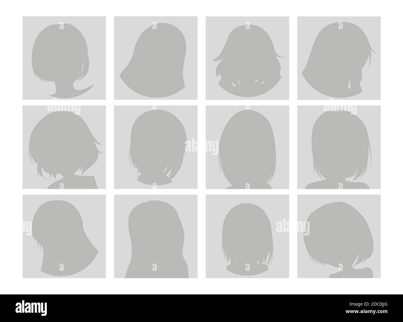 Vector Big Set of Anime Faces with Hair. Flat Gray Icons of Girls for ...