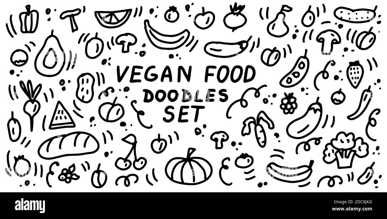 Vegan Food Doodle collection. Natural healthy vegetarian food ...