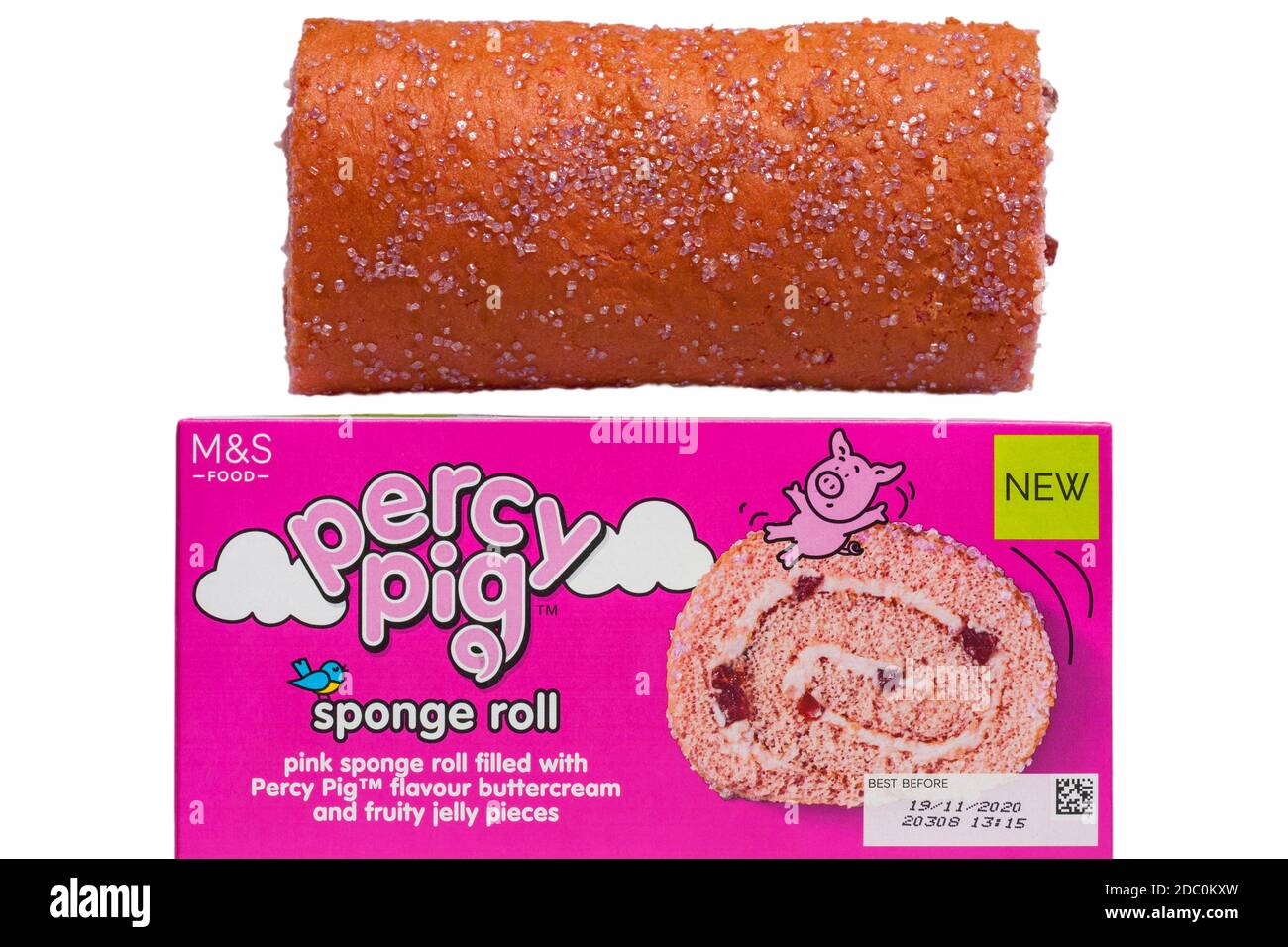 M&S Percy Pig sponge roll cake out of box set on white background ...