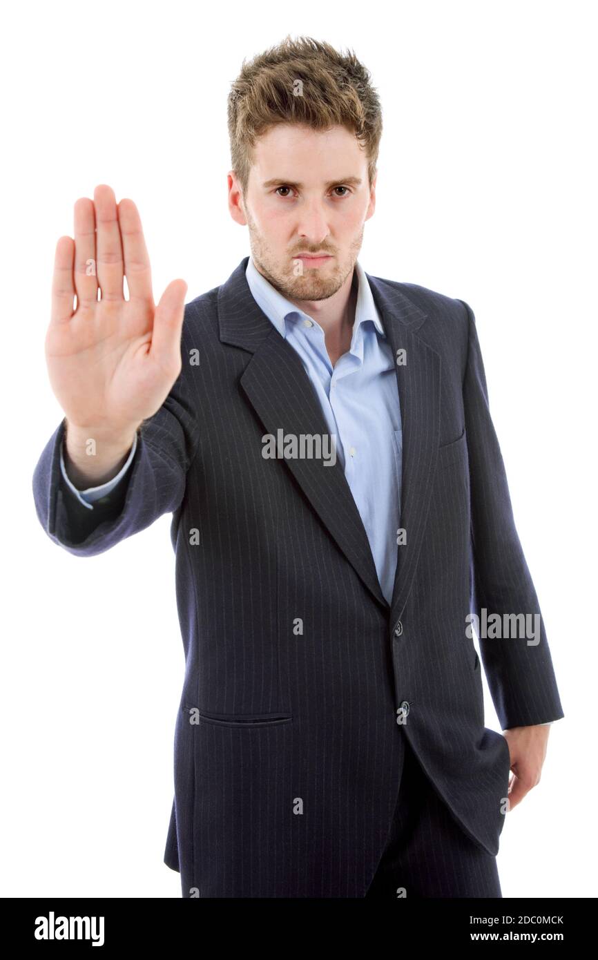 young casual man making stop with his hand, in a white background Stock ...