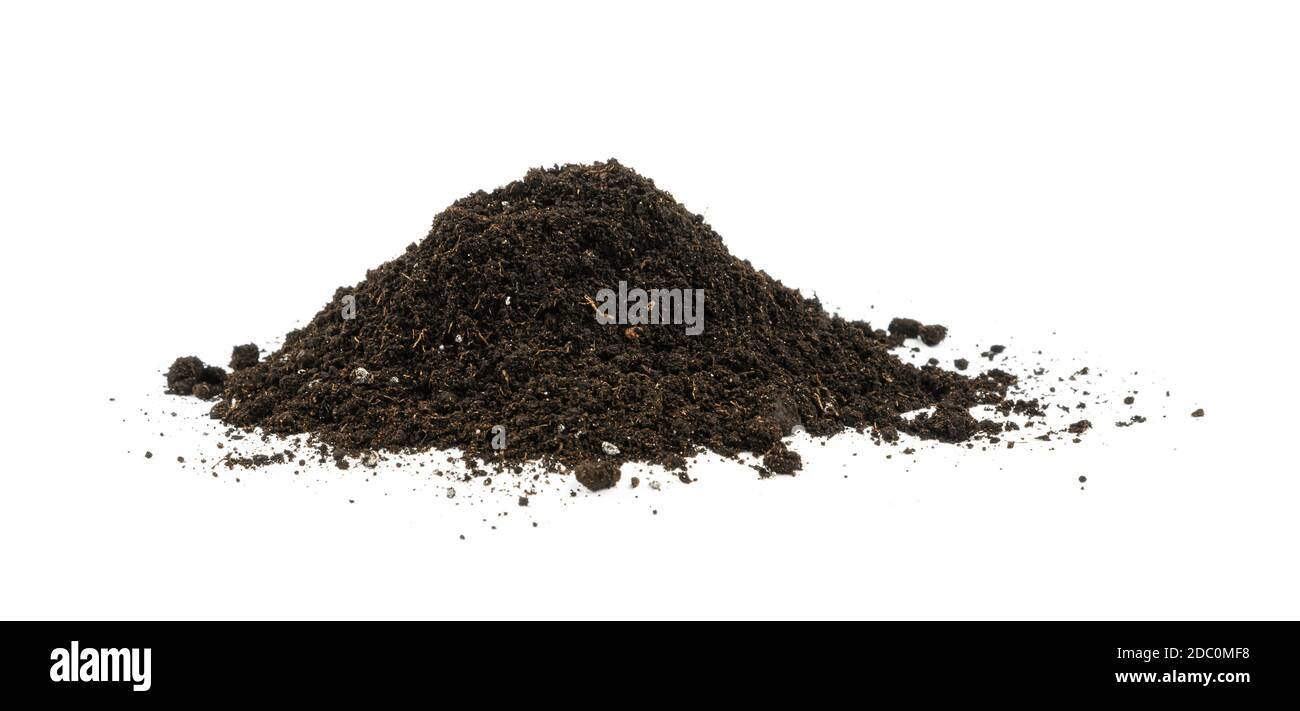 Close up one heap of black humus soil isolated over white background ...