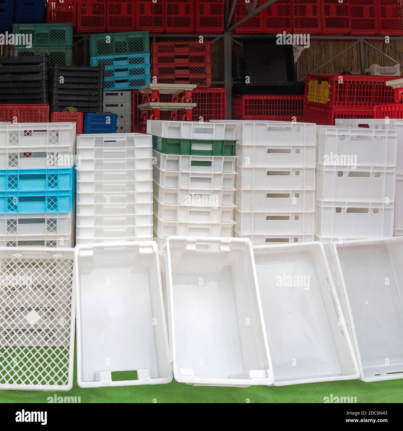 Plastic Crates and Transport Boxes at Farm Stock Photo - Alamy