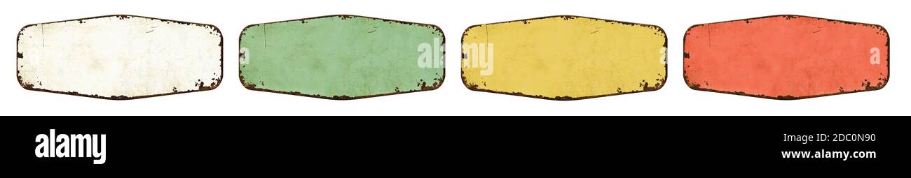 Four empty vintage tin signs on a white background Stock Photo - Alamy