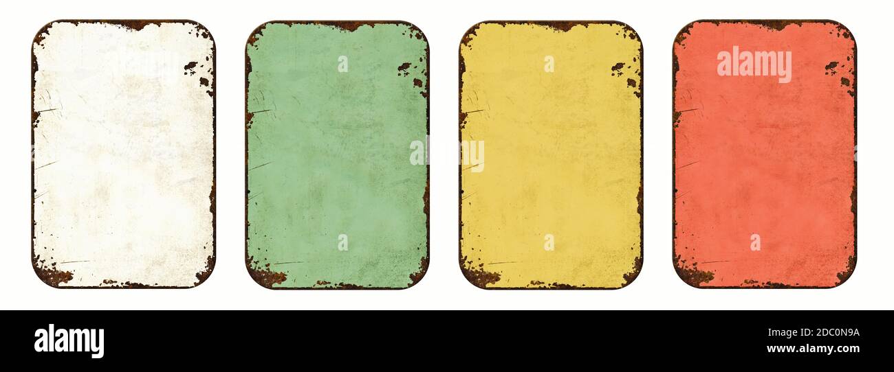 Four empty vintage tin signs on a white background Stock Photo - Alamy