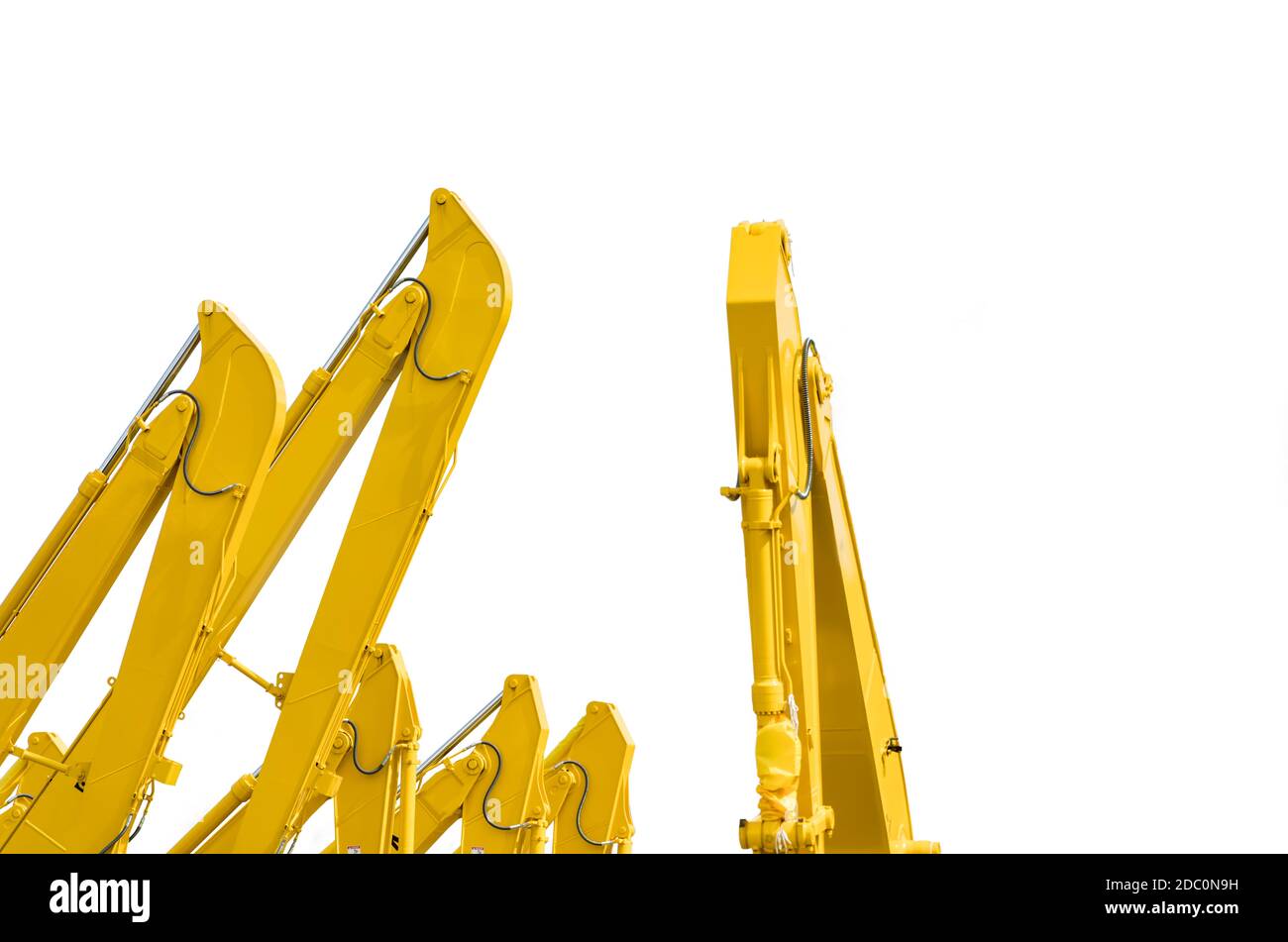 Yellow backhoe with hydraulic piston arm isolated on white. Heavy ...
