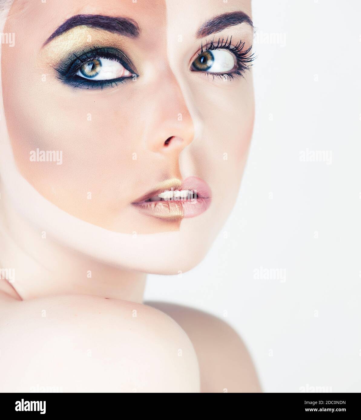 half faced woman with creative makeup like before sunbathe and after ...