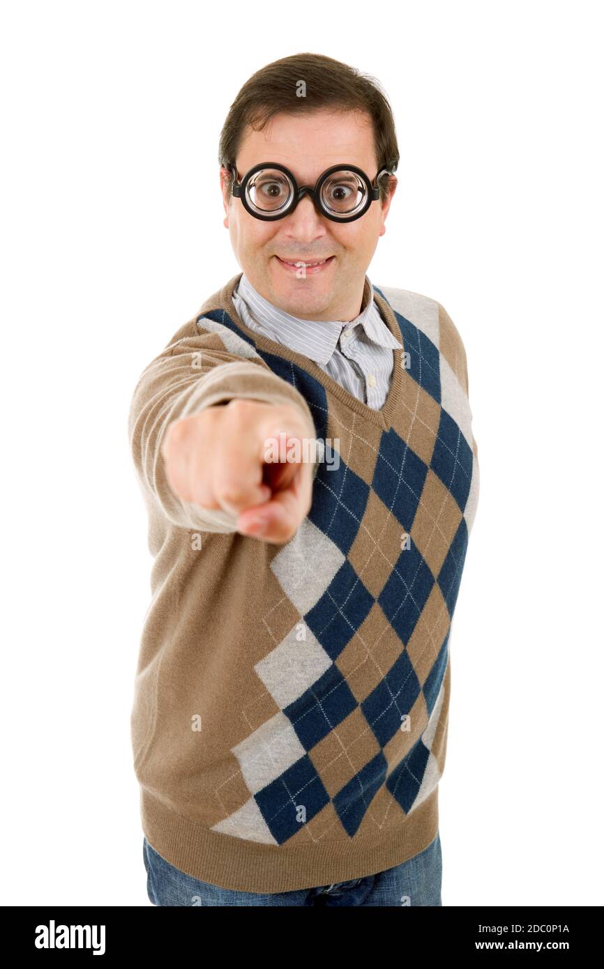 geek man pointing isolated on white background Stock Photo - Alamy
