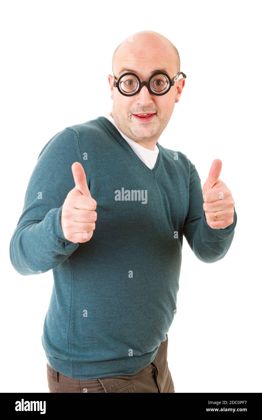 geek man going thumbs up, isolated on white background Stock Photo - Alamy