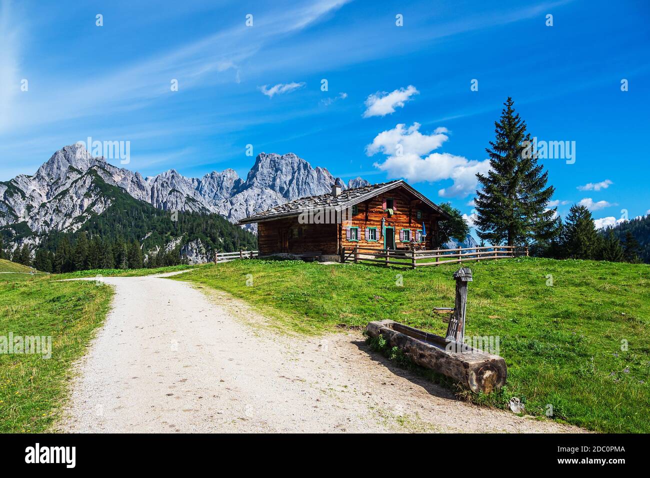 View to the mountain pasture Litzlalm in the Alps, Austria Stock Photo ...
