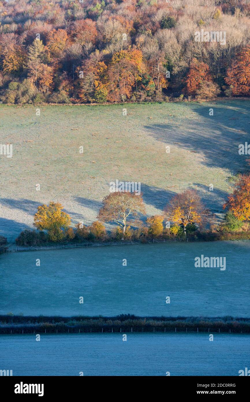 Early frosty autumn morning at sunrise looking over the Hambleden ...