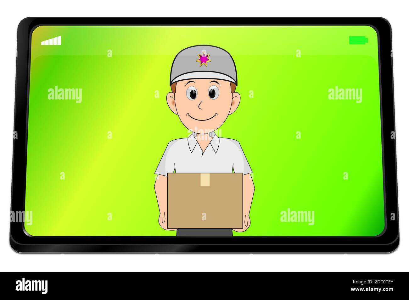 Tablet computer with friendly Courier delivering a parcel on green ...