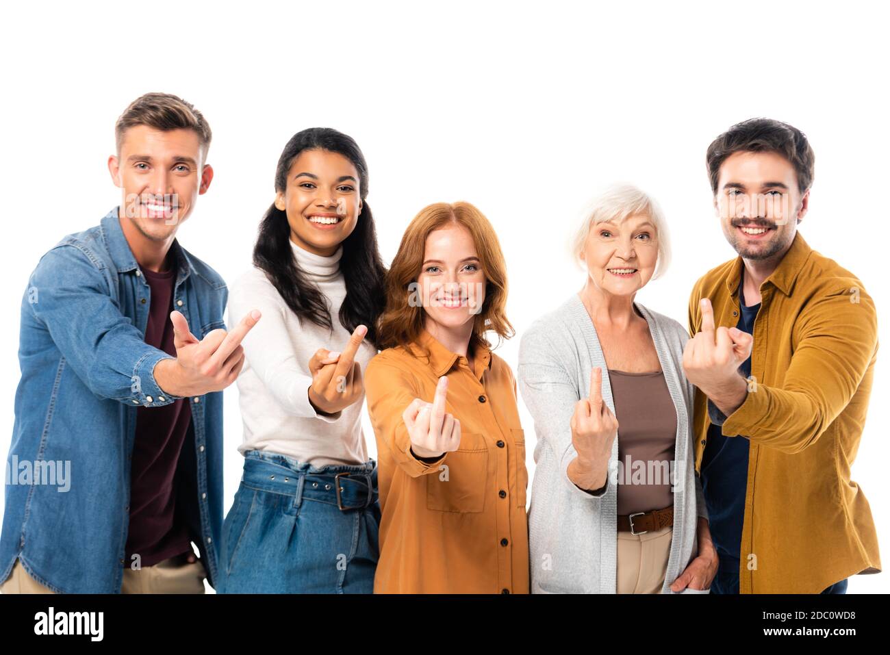 Smiling multiethnic people looking at camera while showing middle ...
