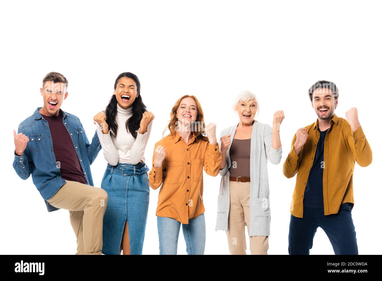 Excited multicultural people showing yeah gesture isolated on white ...