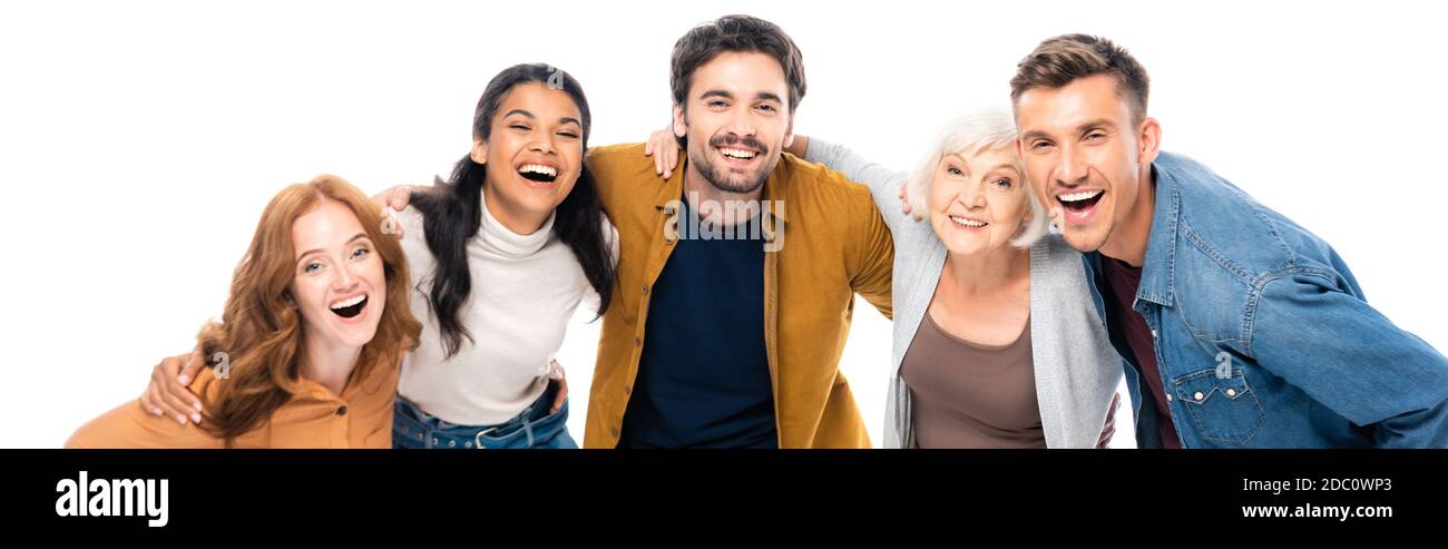 Multiethnic people smiling at camera and embracing isolated on white ...