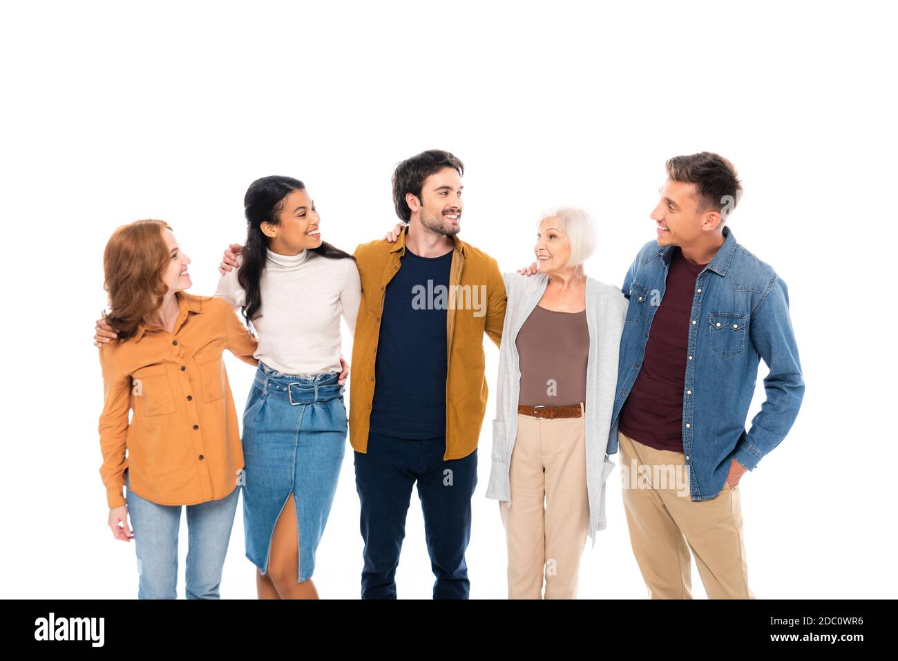 Cheerful multiethnic people embracing isolated on white Stock Photo - Alamy