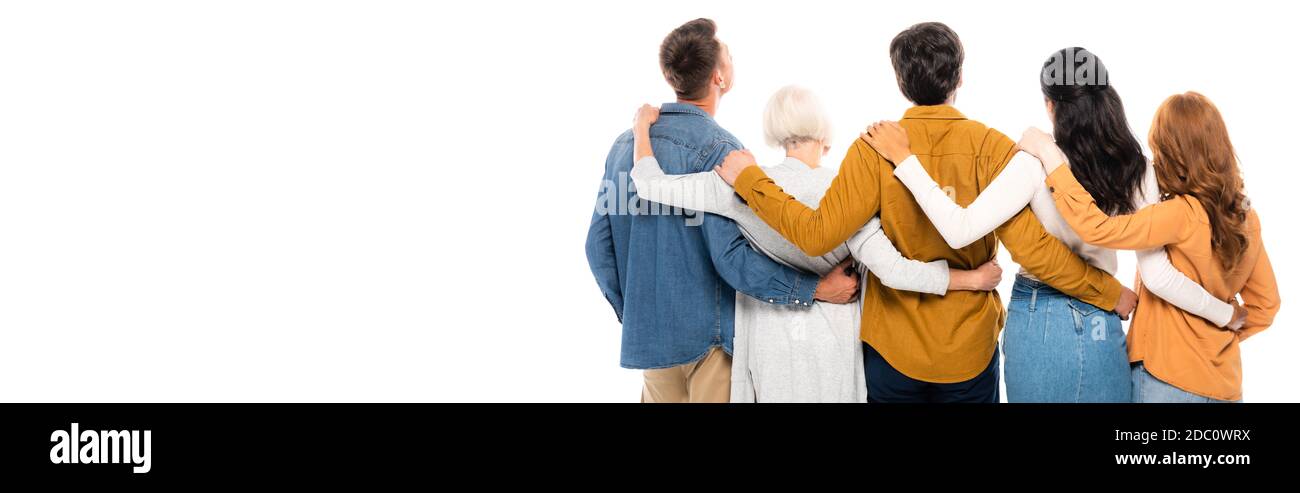Back view of multicultural people embracing isolated on white, banner ...