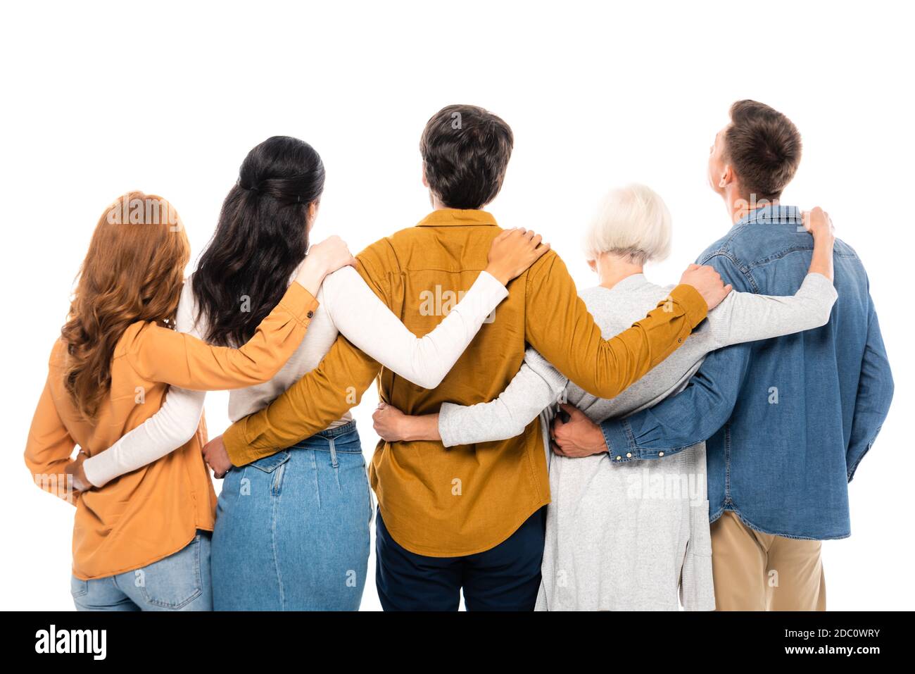 Back view of multiethnic people hugging isolated on white Stock Photo ...