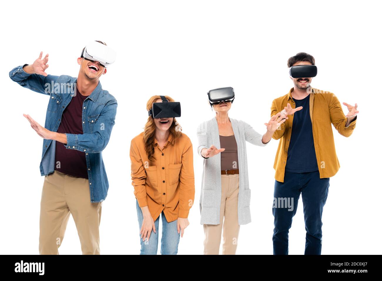 Cheerful people in vr headsets smiling isolated on white Stock Photo ...