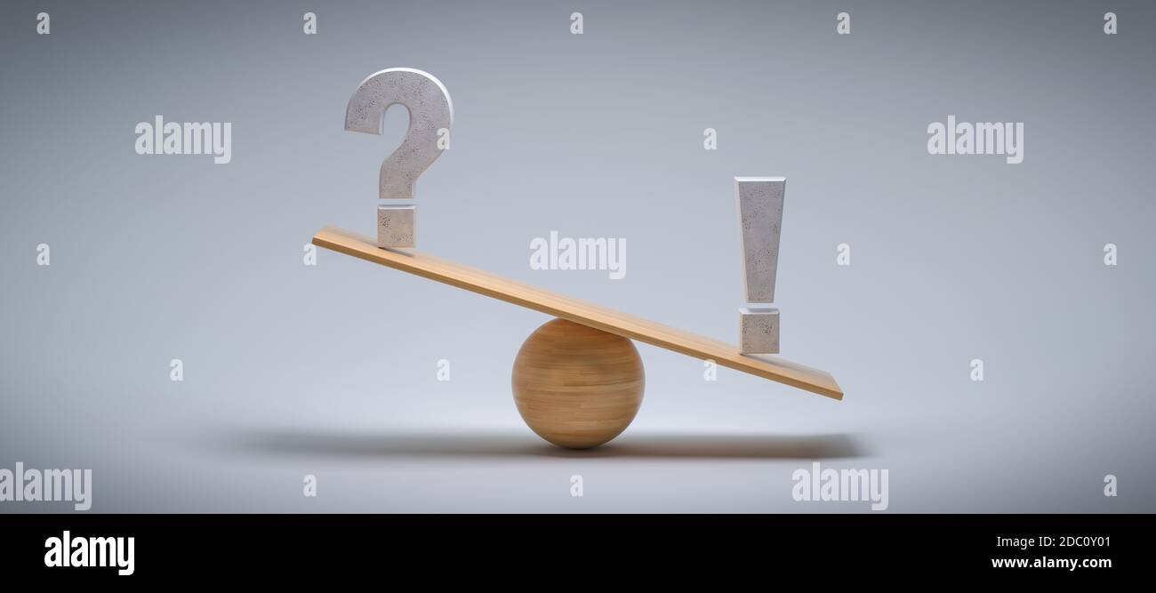 wooden scale balancing a question mark and an exclamation mark tipping ...