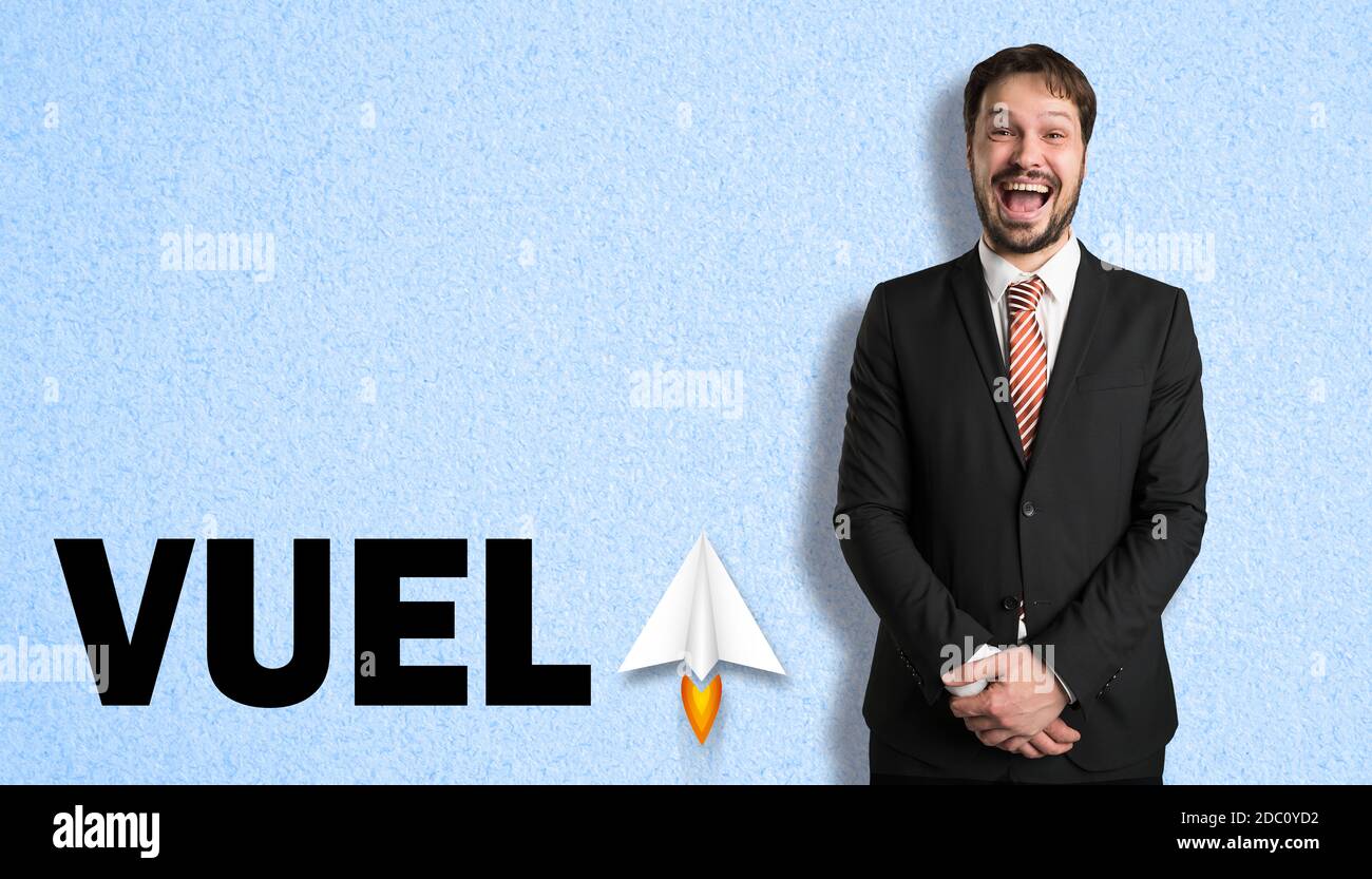 businessman and airplane that forms the a in the Spanish word VUELA ...